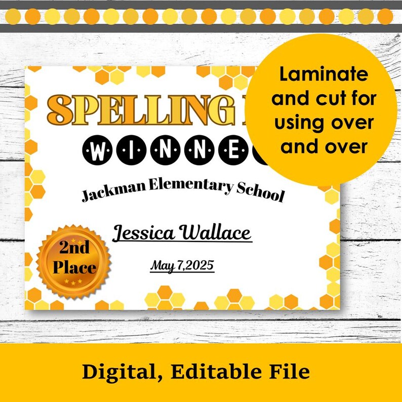 Editable Spelling Bee Award Certificate - Customizable Printable Winner ...