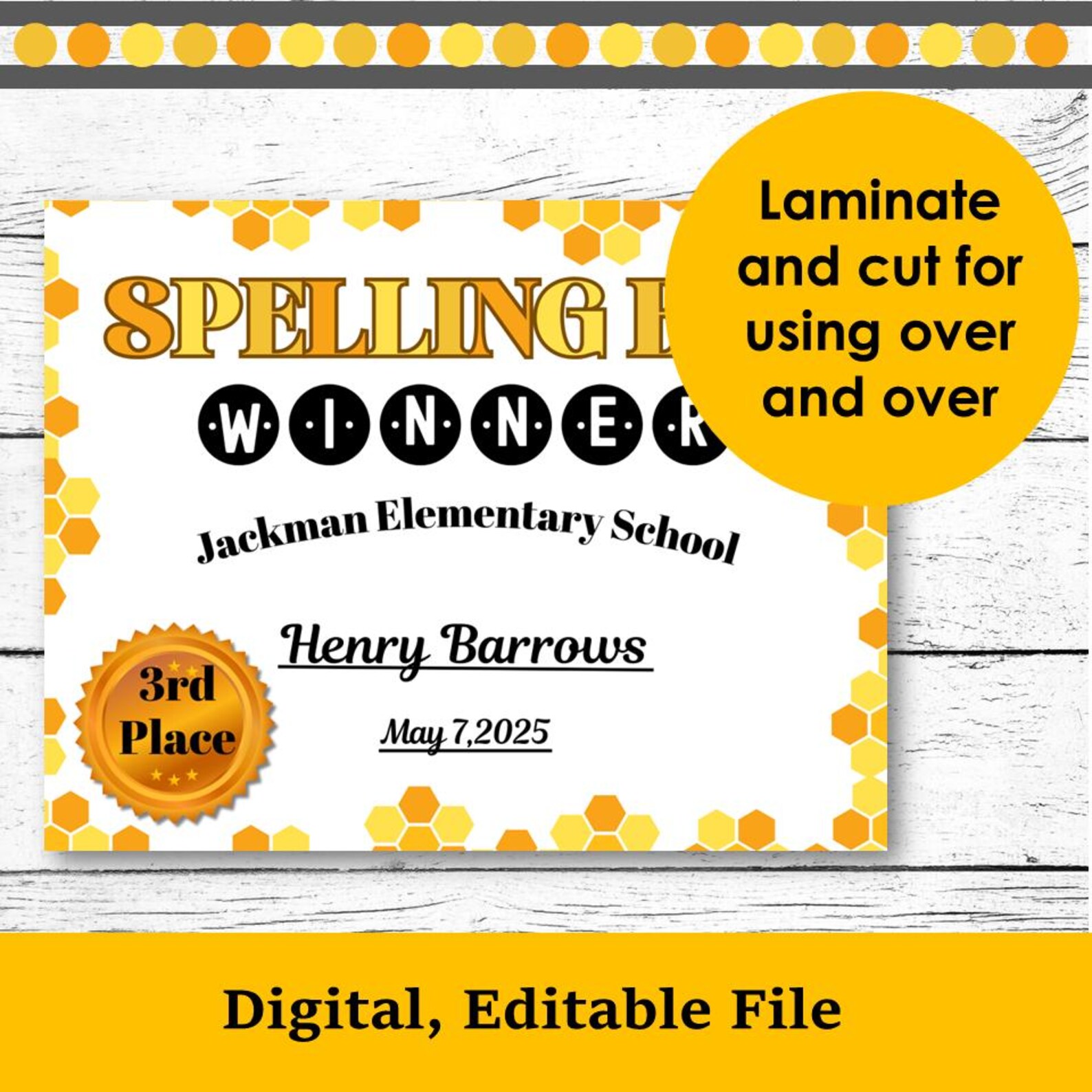 Editable Spelling Bee Award Certificate - Customizable Printable Winner ...
