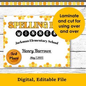 Editable Spelling Bee Award Certificate - Customizable Printable Winner ...