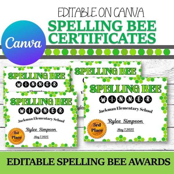 Spelling bee certificate template - Etsy México