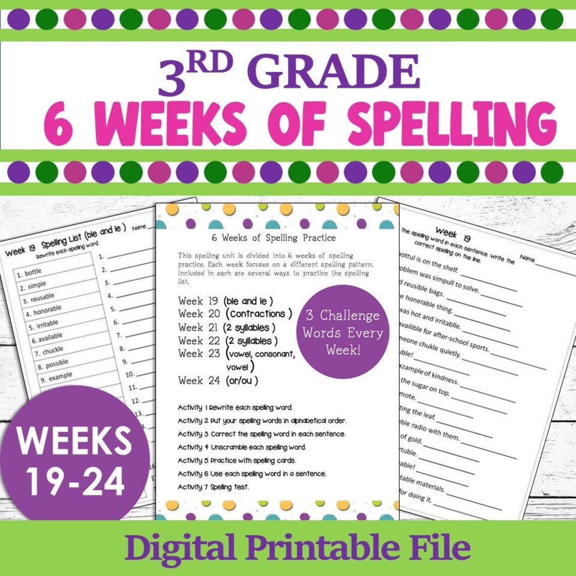 3rd Grade Spelling Worksheets/ 6 Weeks of Spelling Lists/ - Etsy