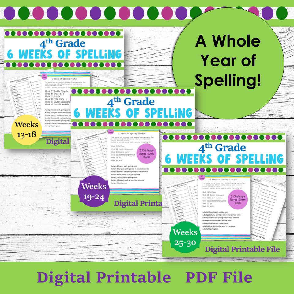 4th Grade Spelling Worksheets/ 30 Weeks of Spelling Lists/ Spelling ...