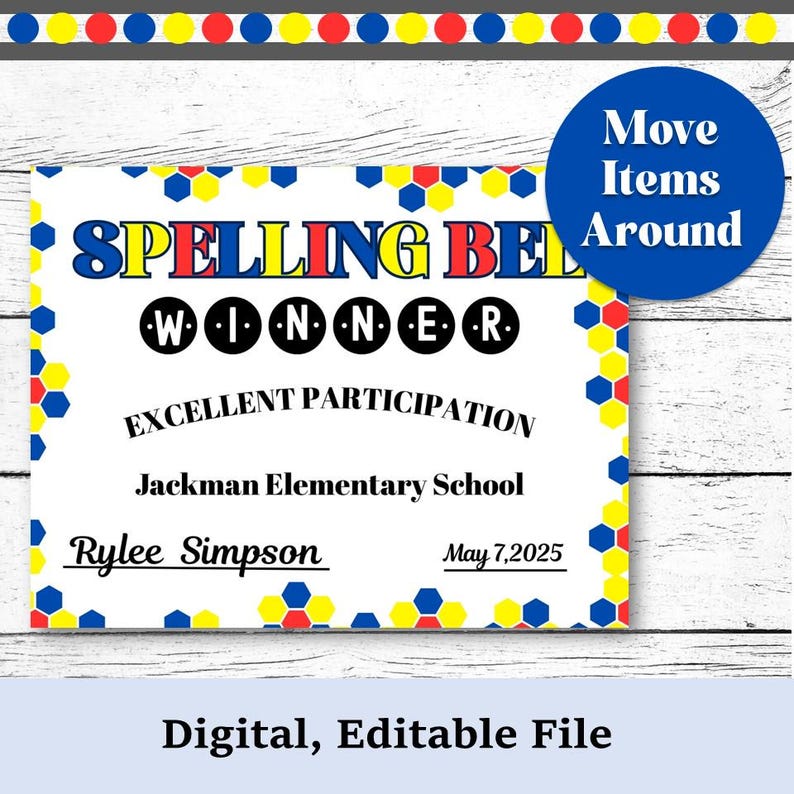 Editable Spelling Bee Award Certificate - Customizable Printable Winner ...