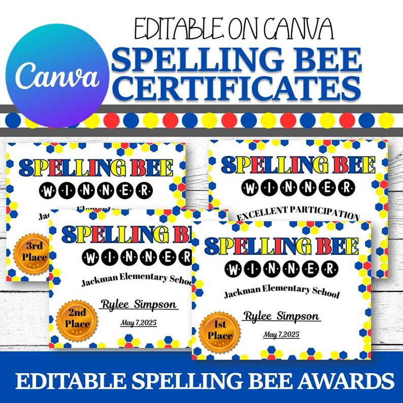 Editable Spelling Bee Award Certificate - Customizable Printable Winner ...
