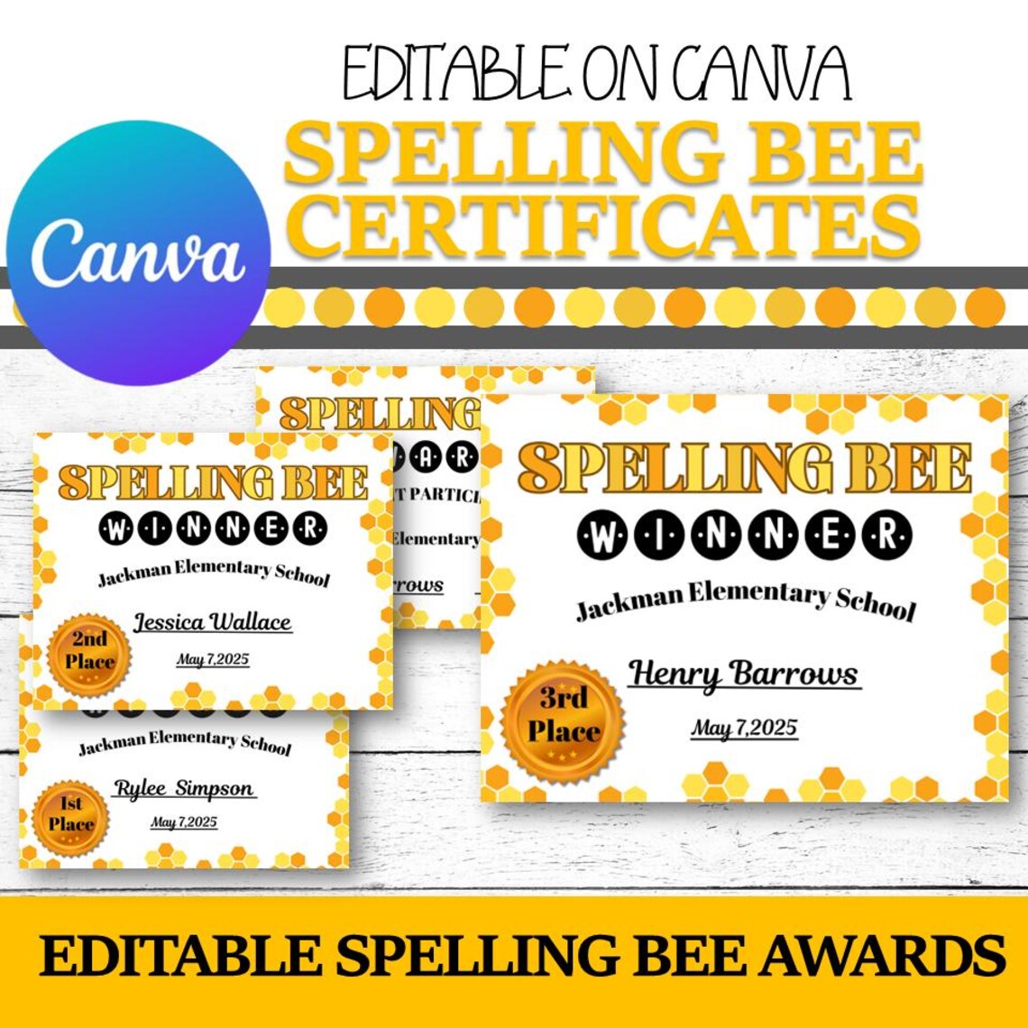 Editable Spelling Bee Award Certificate - Customizable Printable Winner ...