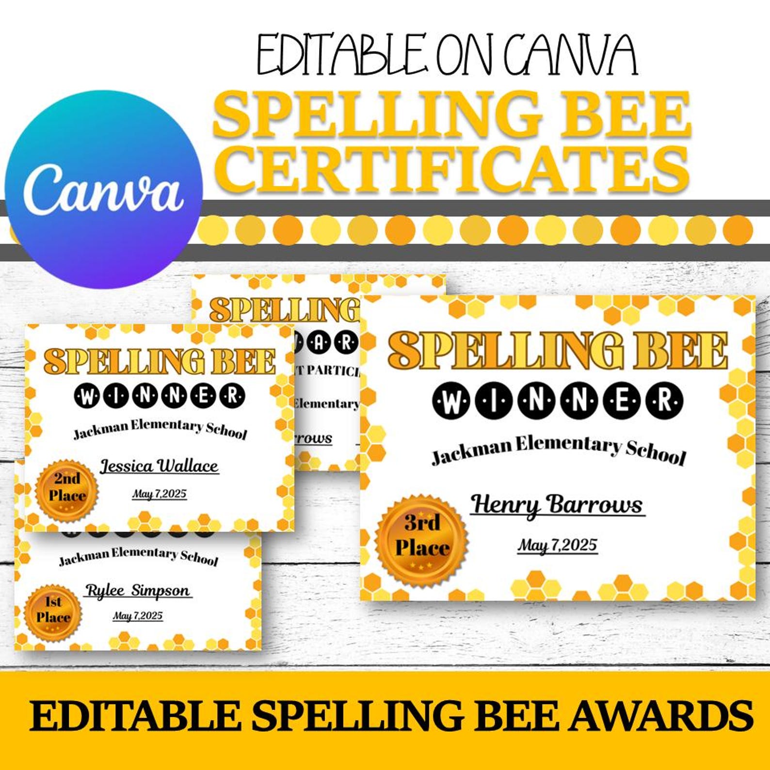 Editable Spelling Bee Award Certificate - Customizable Printable Winner ...