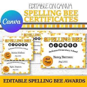 Editable Spelling Bee Award Certificate: Printable Winner Template ...