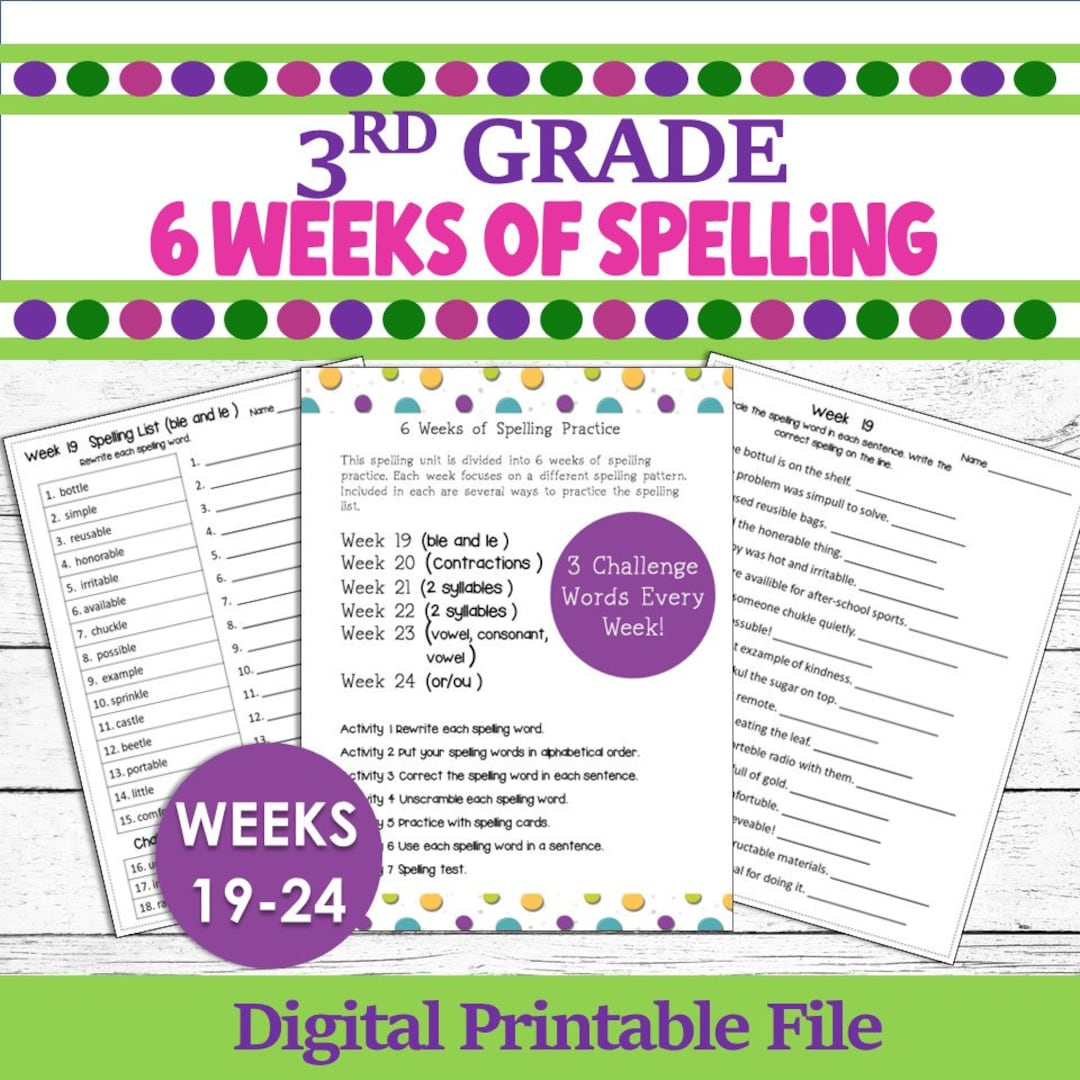 3rd Grade Spelling Worksheets/ 6 Weeks of Spelling Lists/ Spelling ...