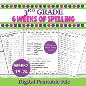 3rd Grade Spelling Worksheets/ 6 Weeks of Spelling Lists/ Spelling ...