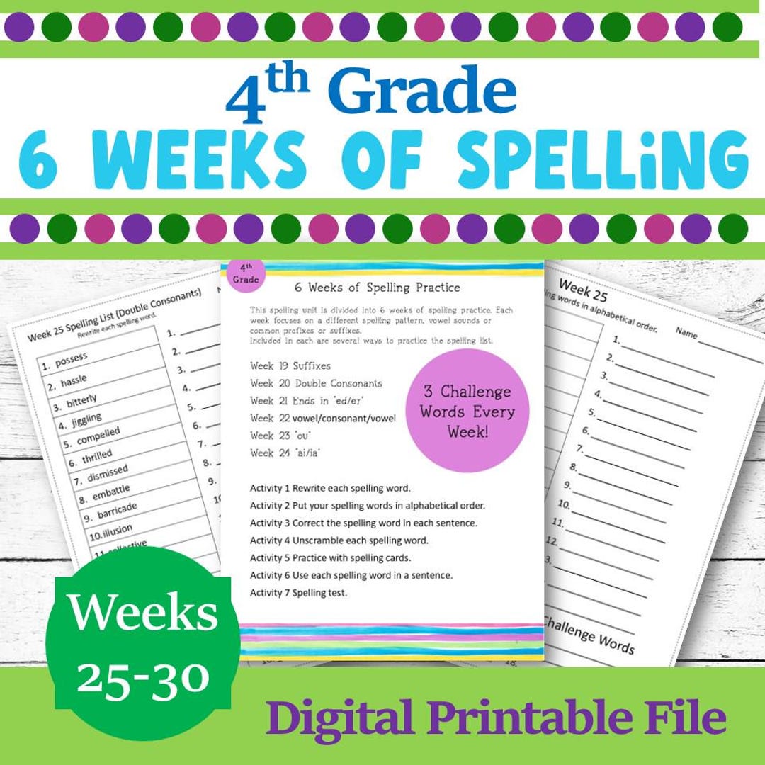4th Grade Spelling Worksheets/ 6 Weeks of Spelling Lists Activities ...