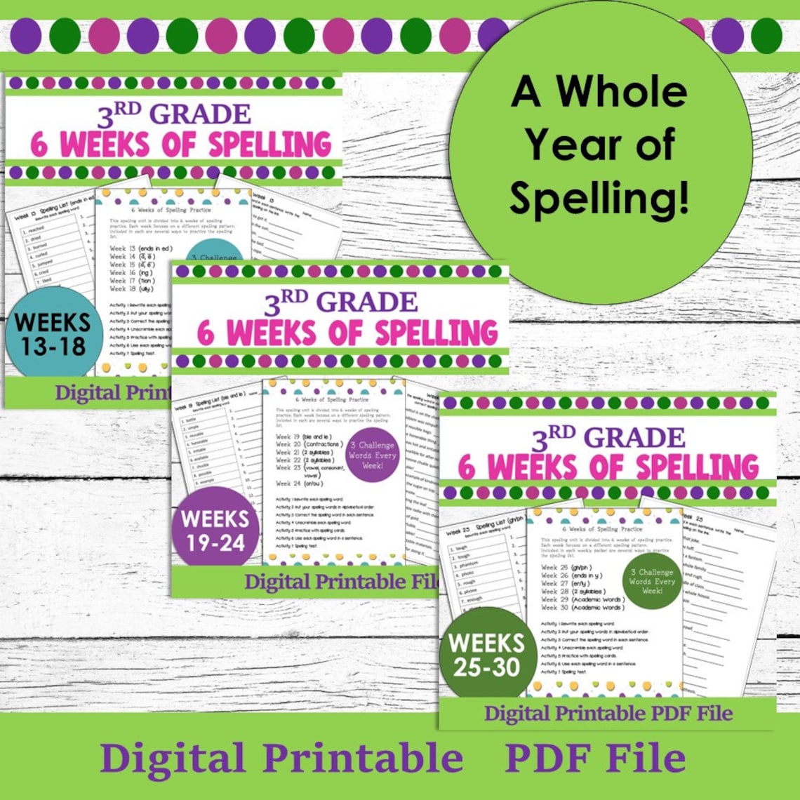 3rd Grade Spelling Worksheets/ 30 Weeks of Spelling Lists/ Spelling ...