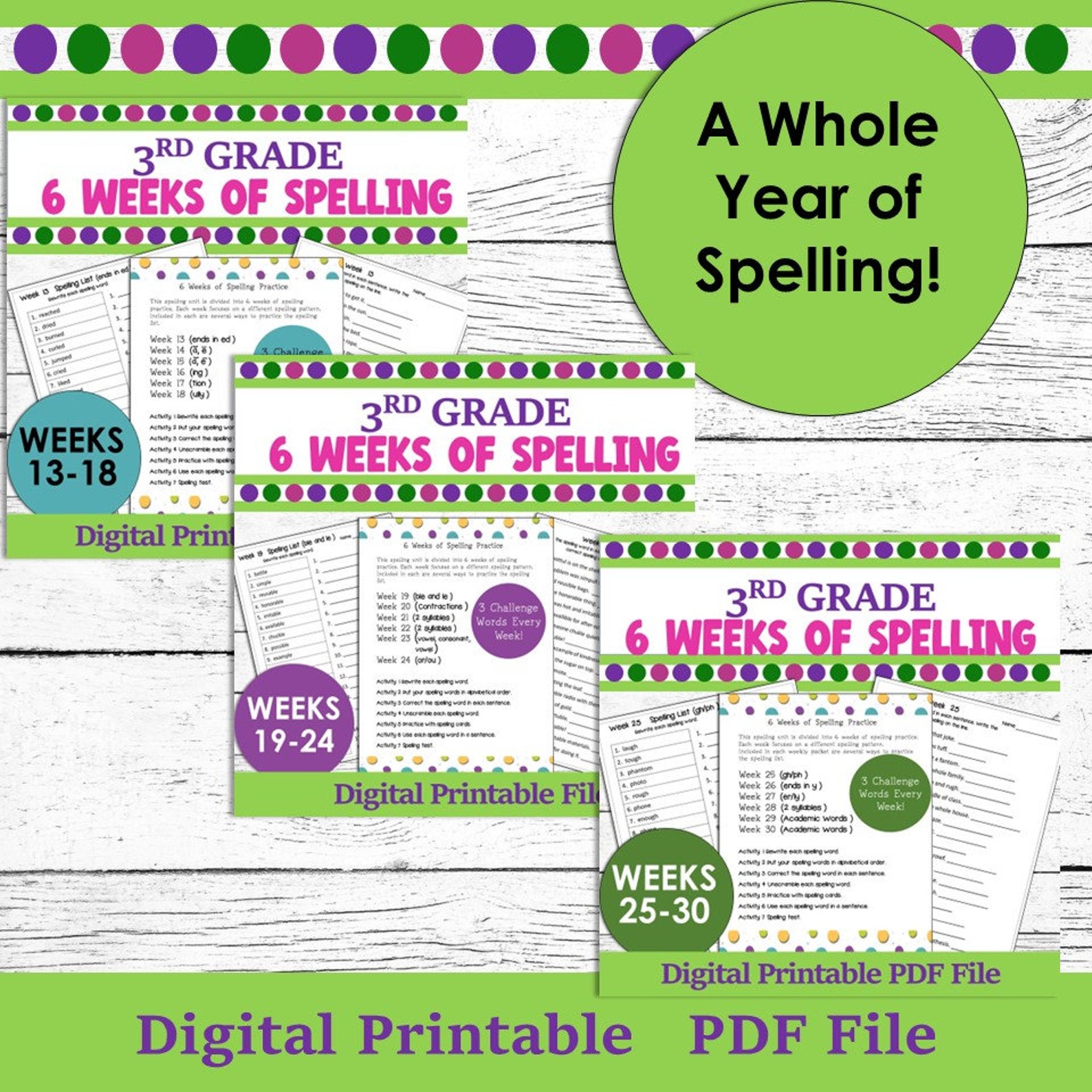 3rd Grade Spelling Worksheets/ 30 Weeks of Spelling Lists/ Spelling ...