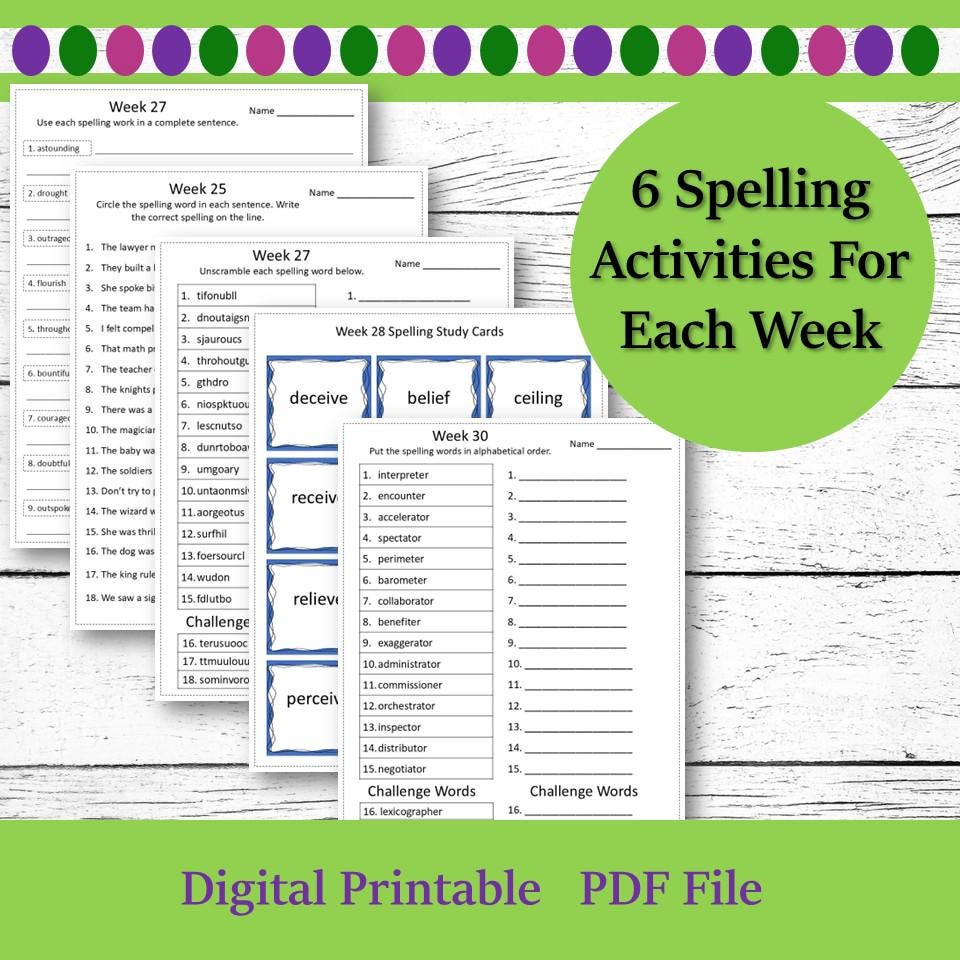 4th Grade Spelling Worksheets/ 6 Weeks of Spelling Lists Activities ...