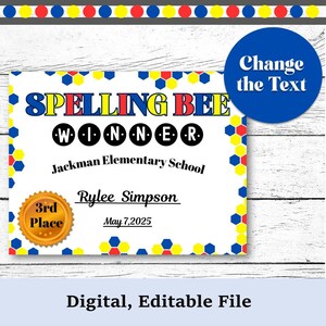 Editable Spelling Bee Award Certificate - Customizable Printable Winner ...