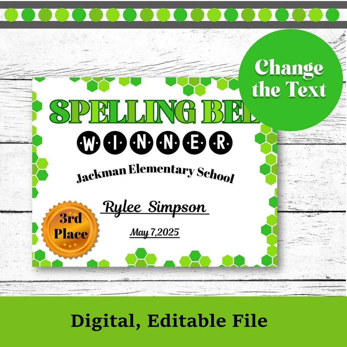 Editable Spelling Bee Award Certificate - Customizable Printable Winner ...