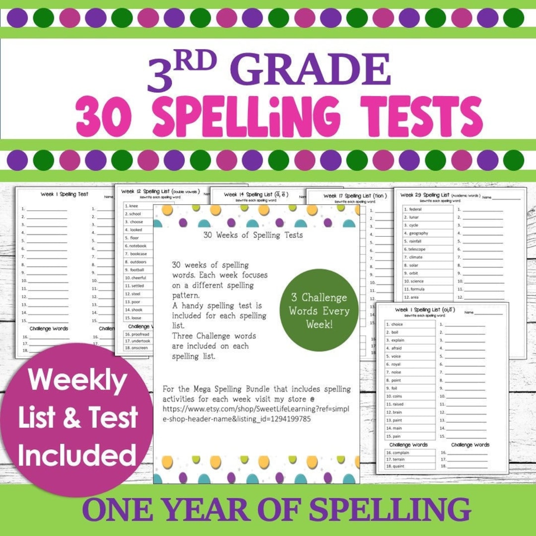 3rd Grade Spelling Worksheets/ 30 Weeks of Spelling Lists/one Year of ...
