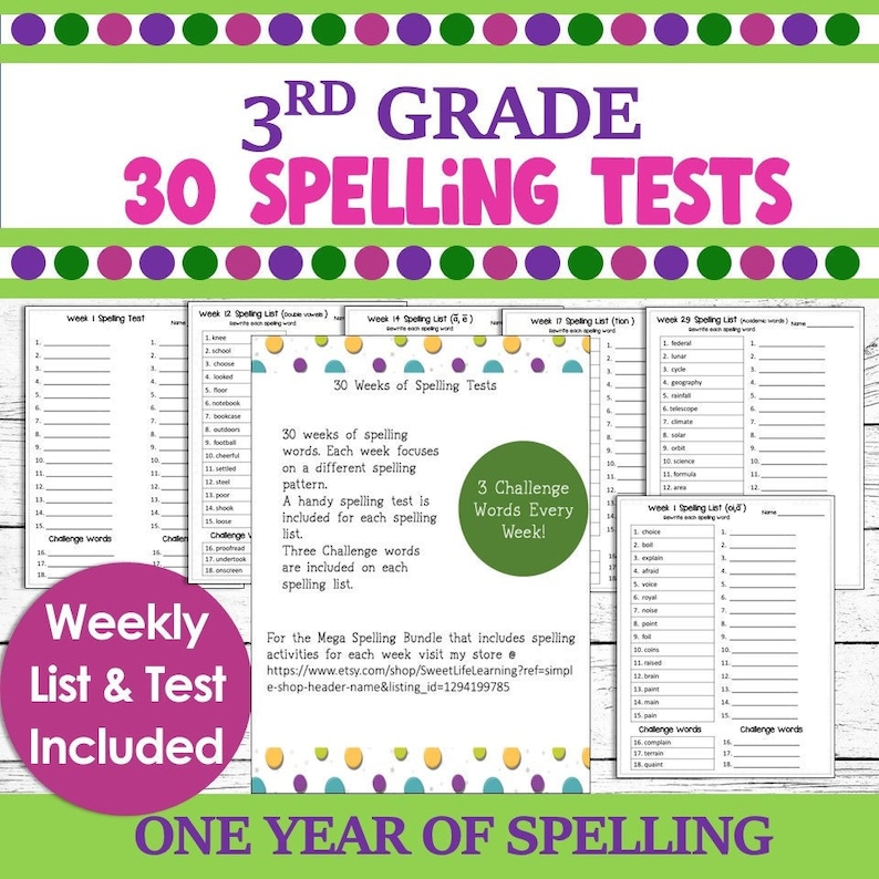 3rd Grade Spelling Worksheets/ 30 Weeks of Spelling Lists/one Year of Spelling Lists/spelling ...