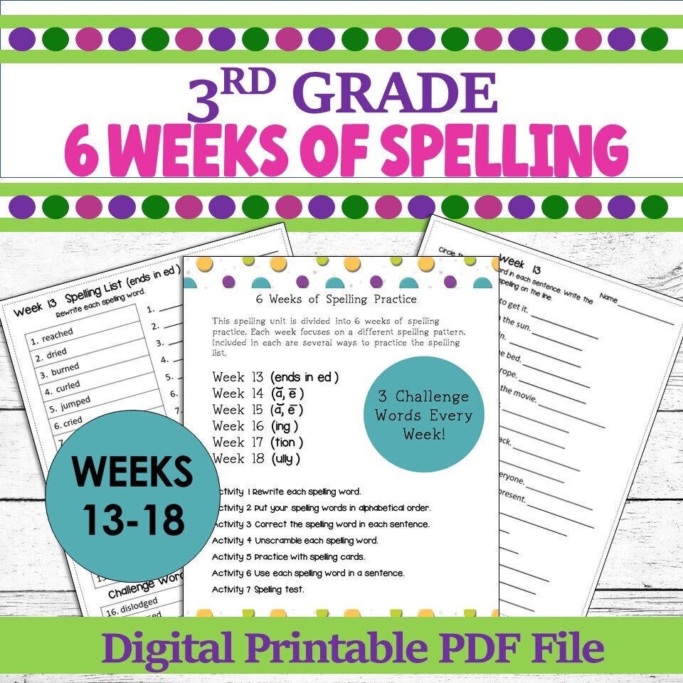 3rd Grade Spelling Worksheets/ 6 Weeks of Spelling Lists Activities ...