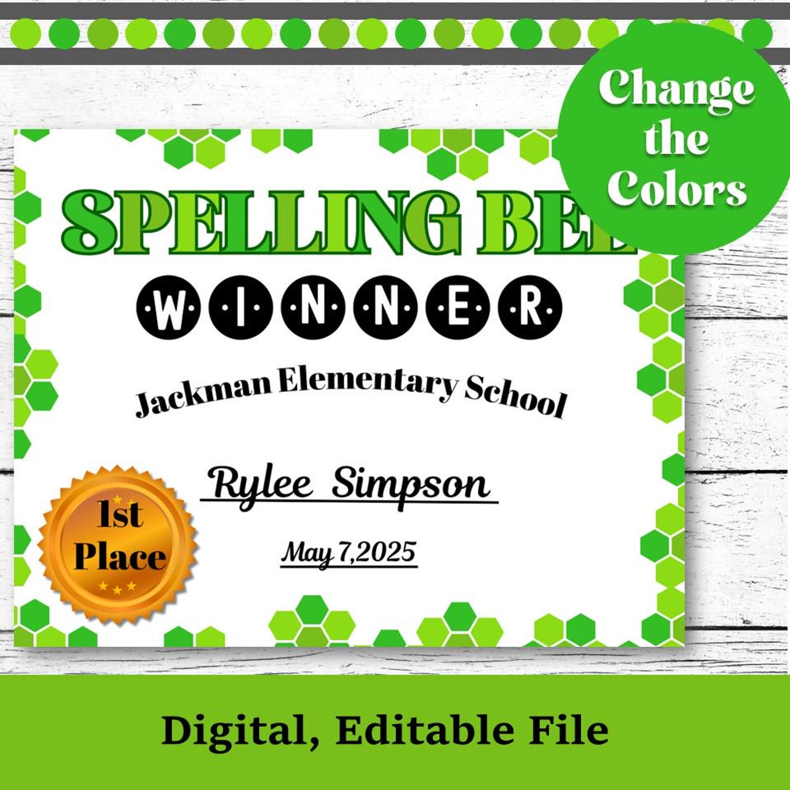 Editable Spelling Bee Award Certificate - Customizable Printable Winner ...
