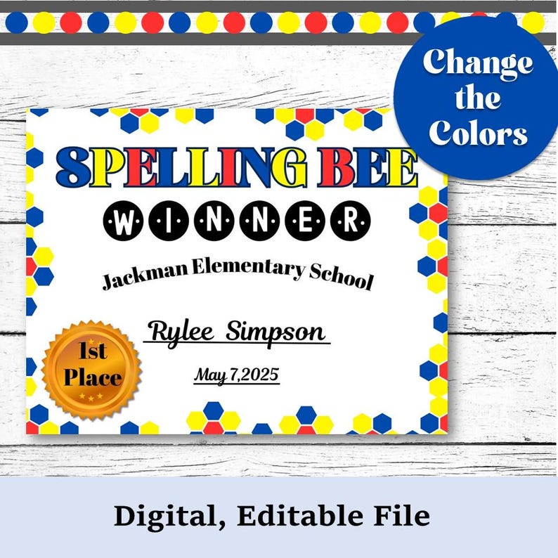 Editable Spelling Bee Award Certificate - Customizable Printable Winner ...
