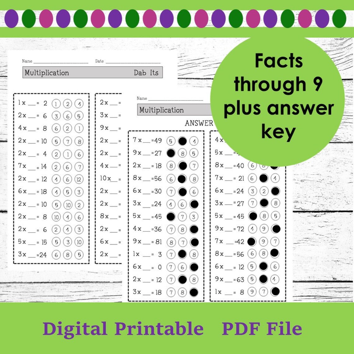 Multiplication Facts Practice Worksheet Dab Its/missing - Etsy