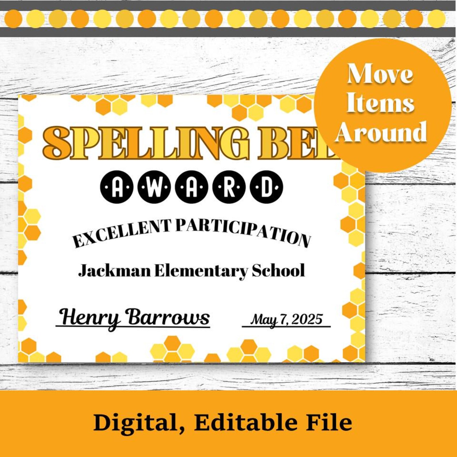 Editable Spelling Bee Award Certificate: Printable Winner Template ...