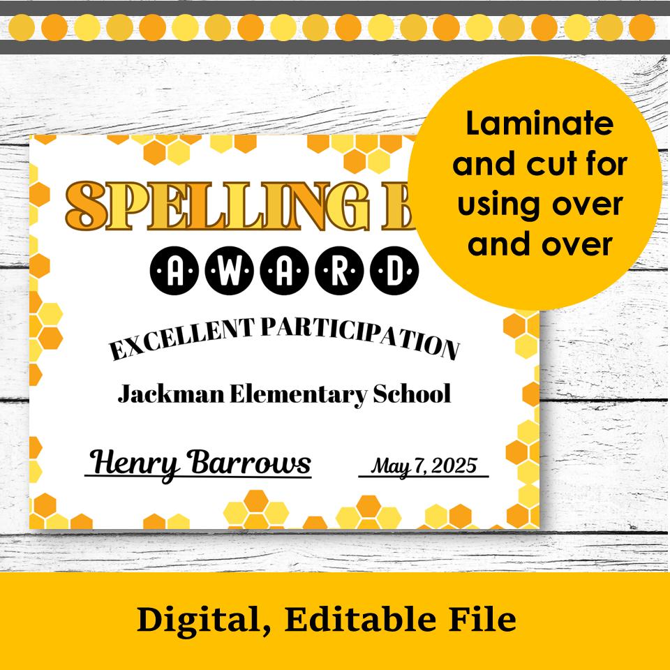 Editable Spelling Bee Award Certificate - Customizable Printable Winner ...