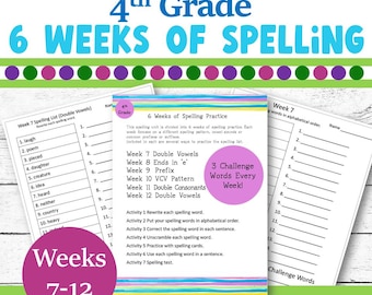 4th Grade Spelling Worksheets/ 6 Weeks of Spelling Lists Activities ...