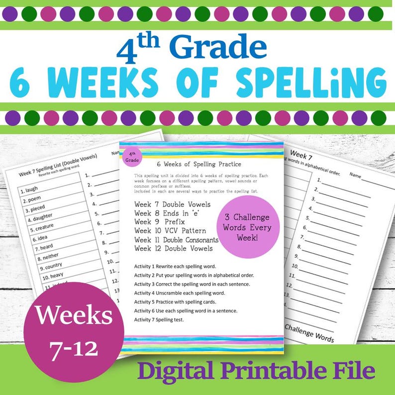 4th Grade Spelling Worksheets/ 6 Weeks of Spelling Lists Activities ...