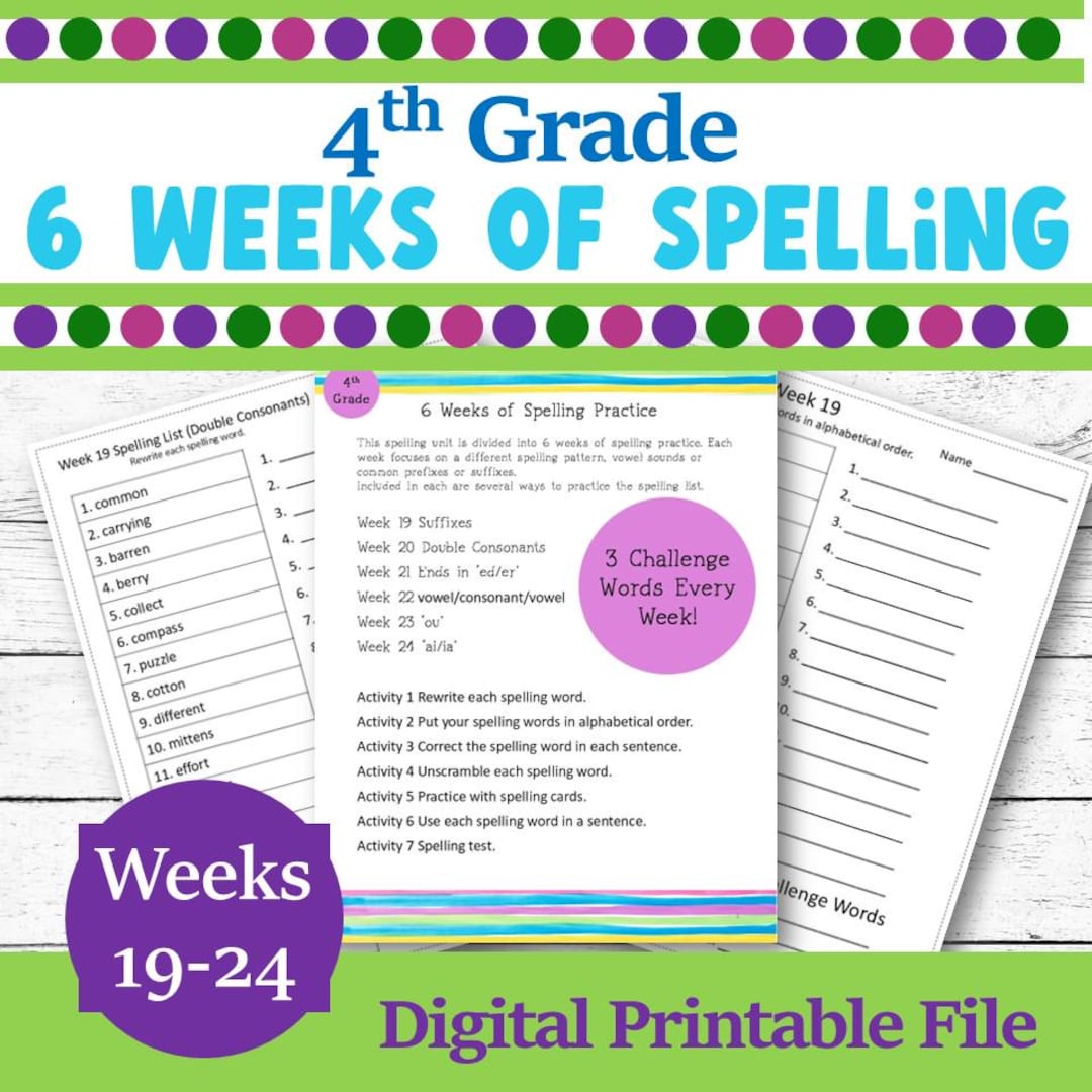 4th Grade Spelling Worksheets/ 6 Weeks of Spelling Lists Activities ...