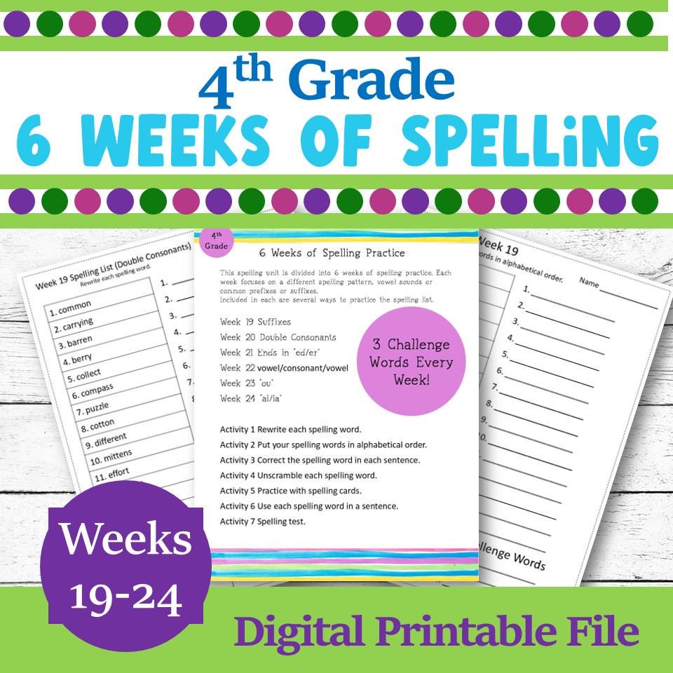 4th Grade Spelling Worksheets/ 6 Weeks of Spelling Lists Activities ...