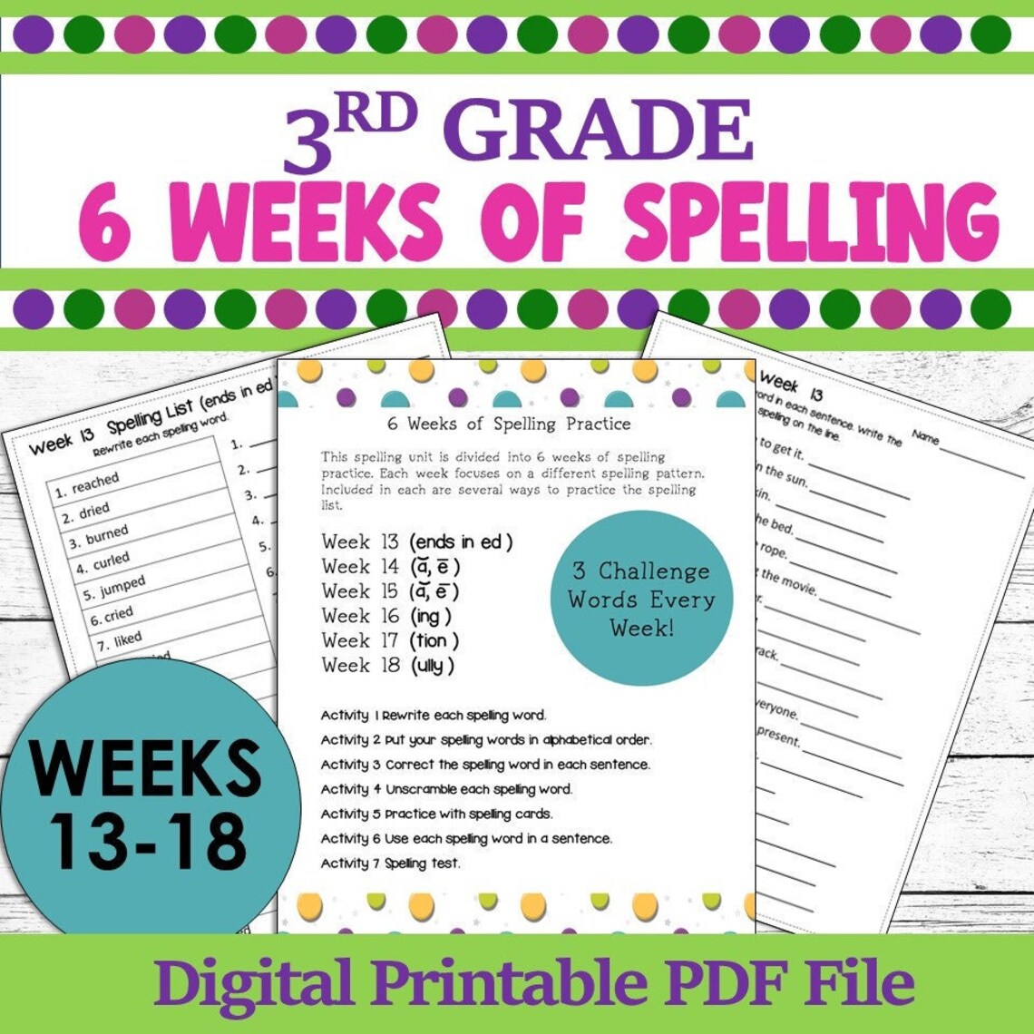 3rd Grade Spelling Worksheets/ 6 Weeks of Spelling Lists - Etsy