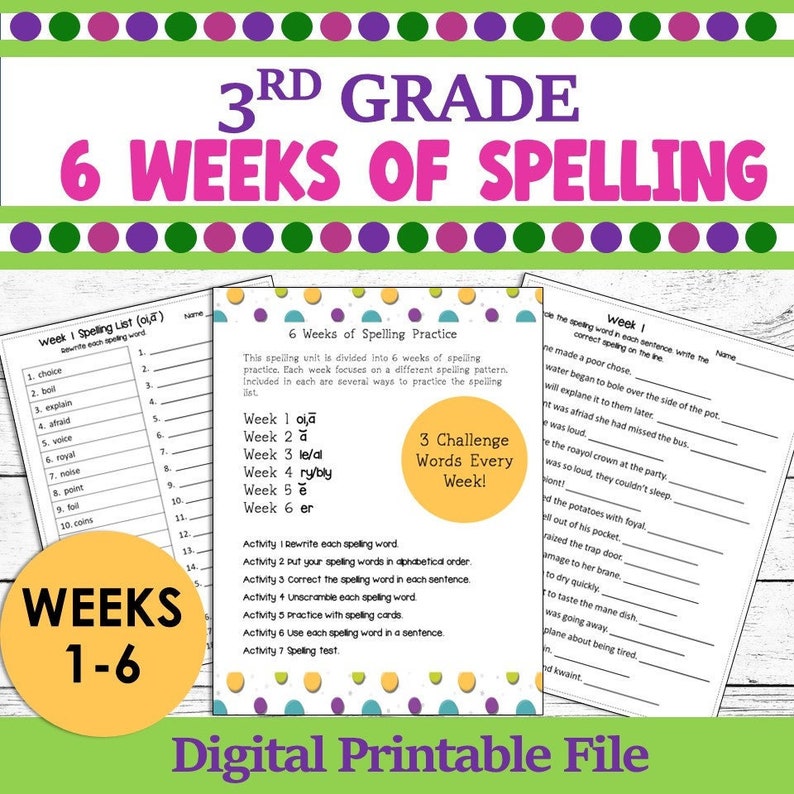 3rd Grade Spelling Worksheets/ 6 Weeks of Spelling Lists - Etsy