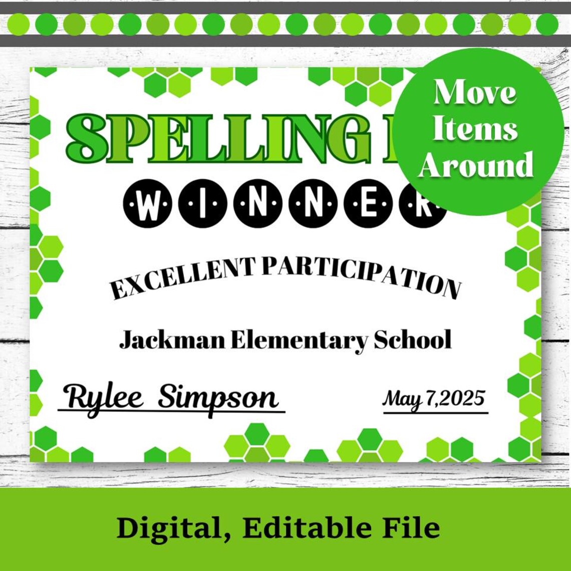 Editable Spelling Bee Award Certificate - Customizable Printable Winner ...