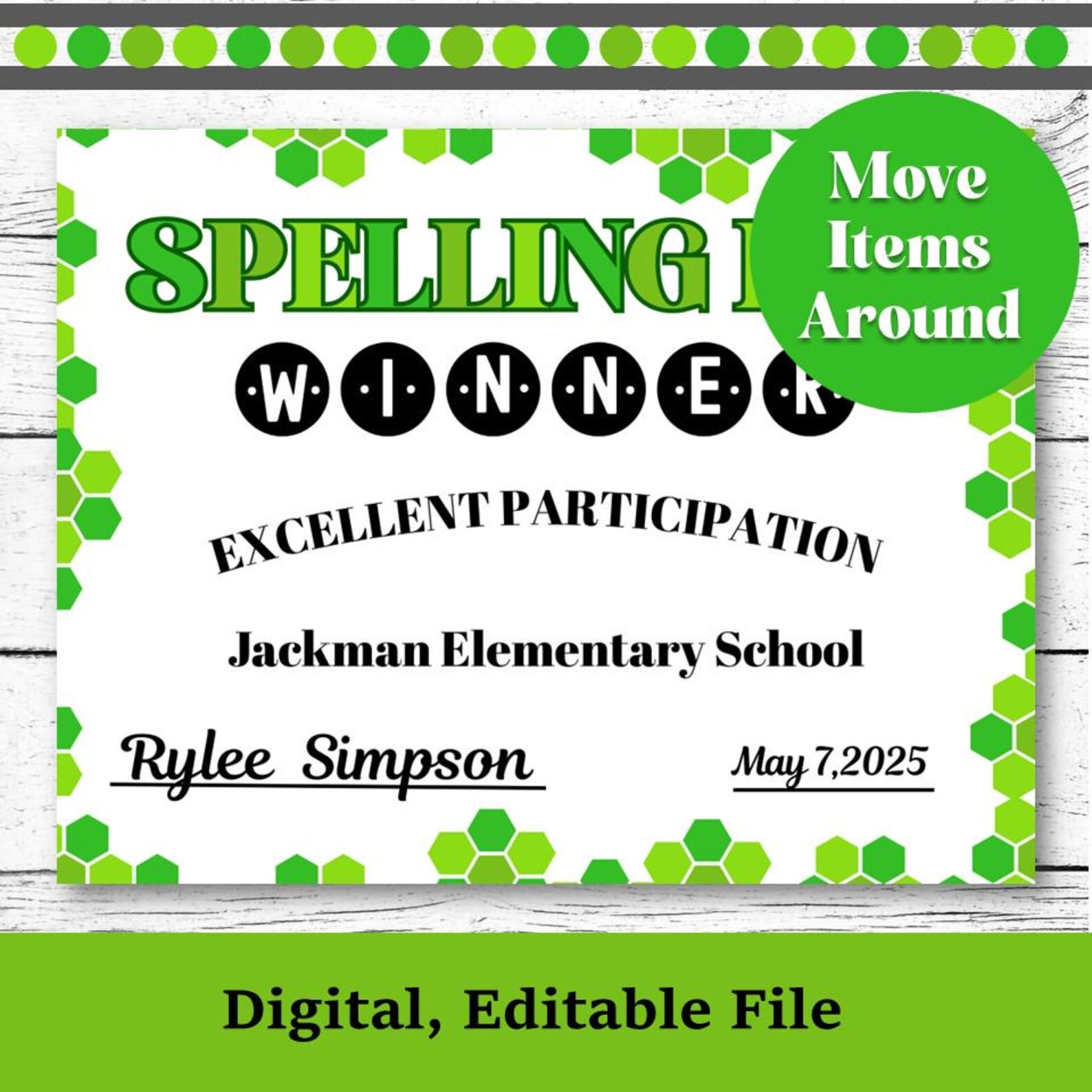 Editable Spelling Bee Award Certificate - Customizable Printable Winner ...