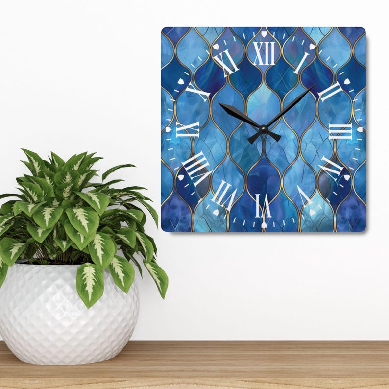 Gorgeous Faux Blue Stained Glass Effect Clock, Blue, Gold White Clock ...