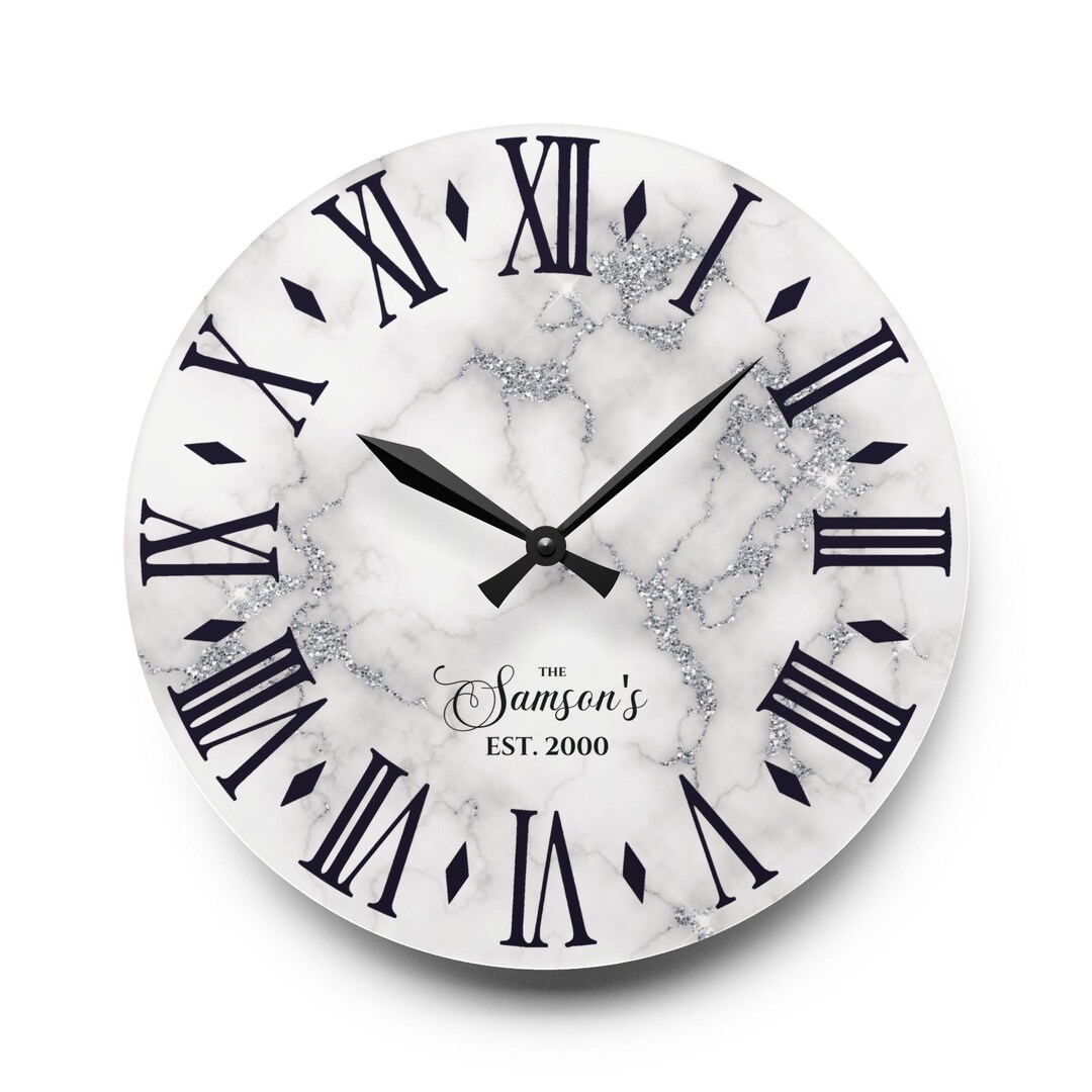 Personalized Silver Anniversary Clock, Custom Marble and Silver Name ...