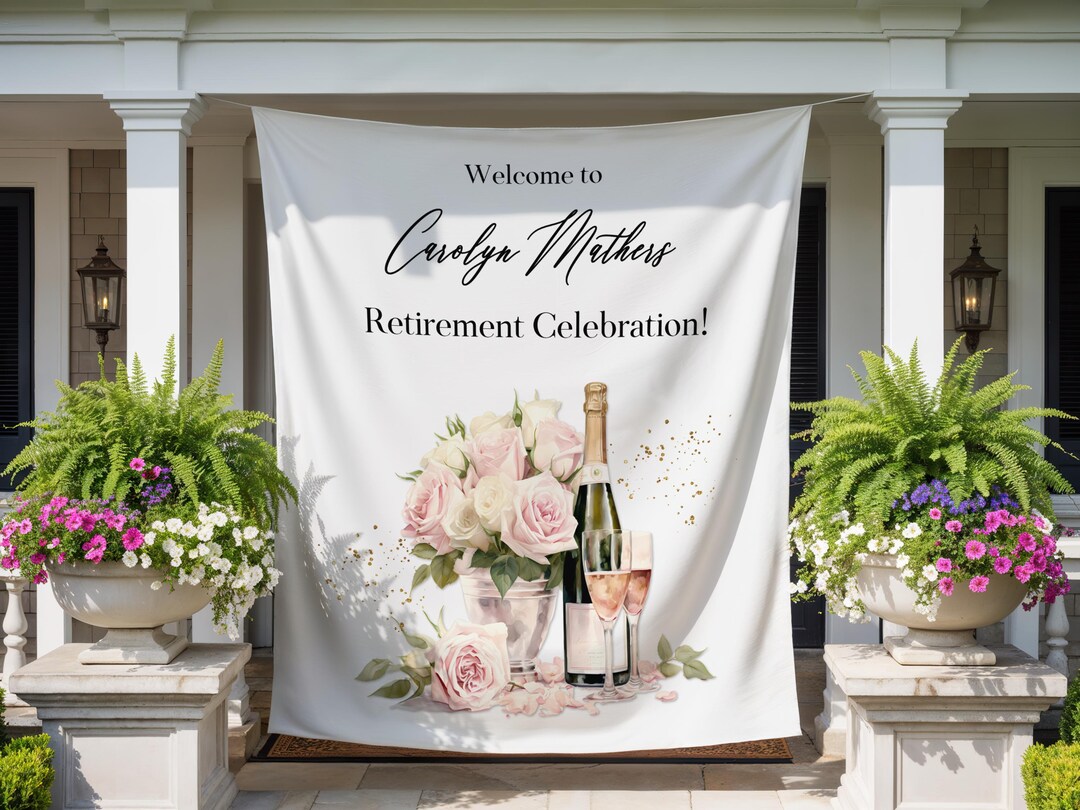 Personalized Retirement Floral Champagne Party Banner Tapestry Sign ...