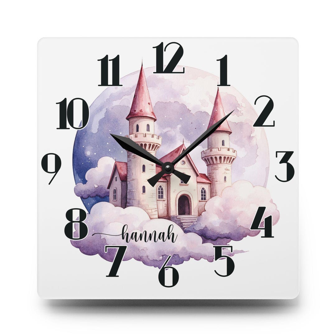 Personalized Castle Clock for Kids Room, Custom Pink Castle in the ...