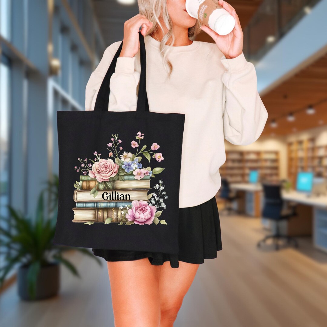 Personalized Floral Book Tote Bag , Book Club Bag, Book Lover Gift ...