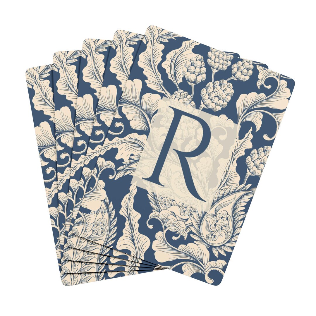 Elegant Custom Monogram Poker Playing Cards, Blue and Ivory Floral ...