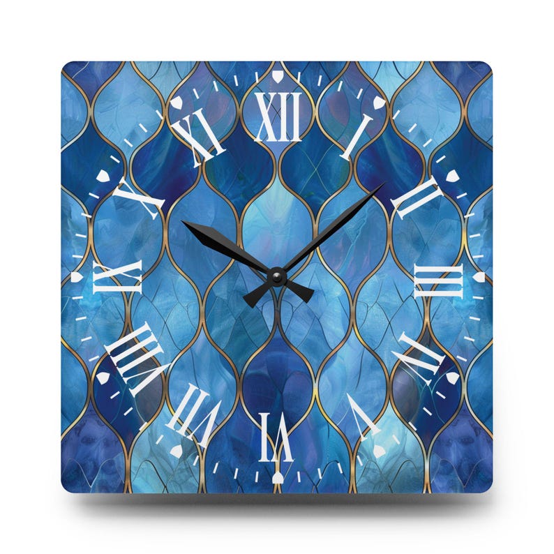 Gorgeous Faux Blue Stained Glass Effect Clock, Blue, Gold White Clock ...
