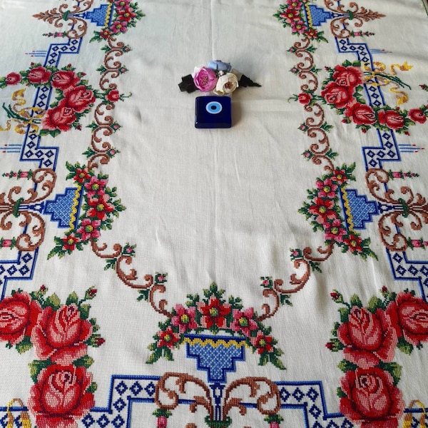 Cross Stitch Linen Tablecloth - Etsy