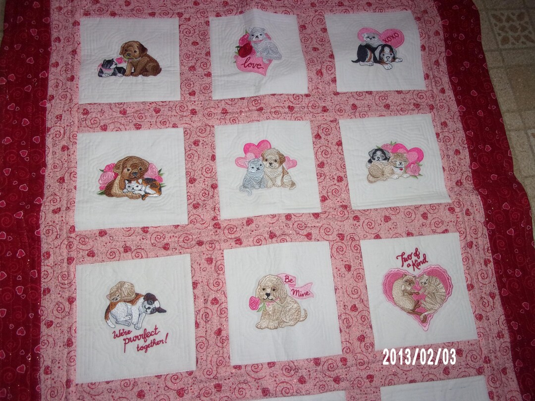 Quilted and Embroidered 12 Blocks for Pets Lover for Valentine Wall ...