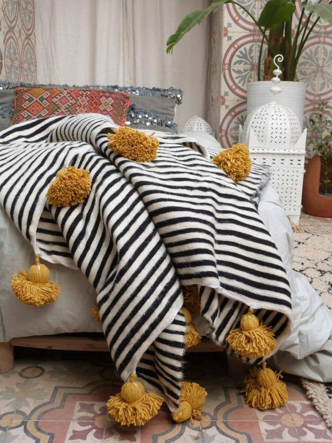 Wool Moroccan Blanket,bedroom Blanket,moroccan Pompom Blanket,moroccan ...