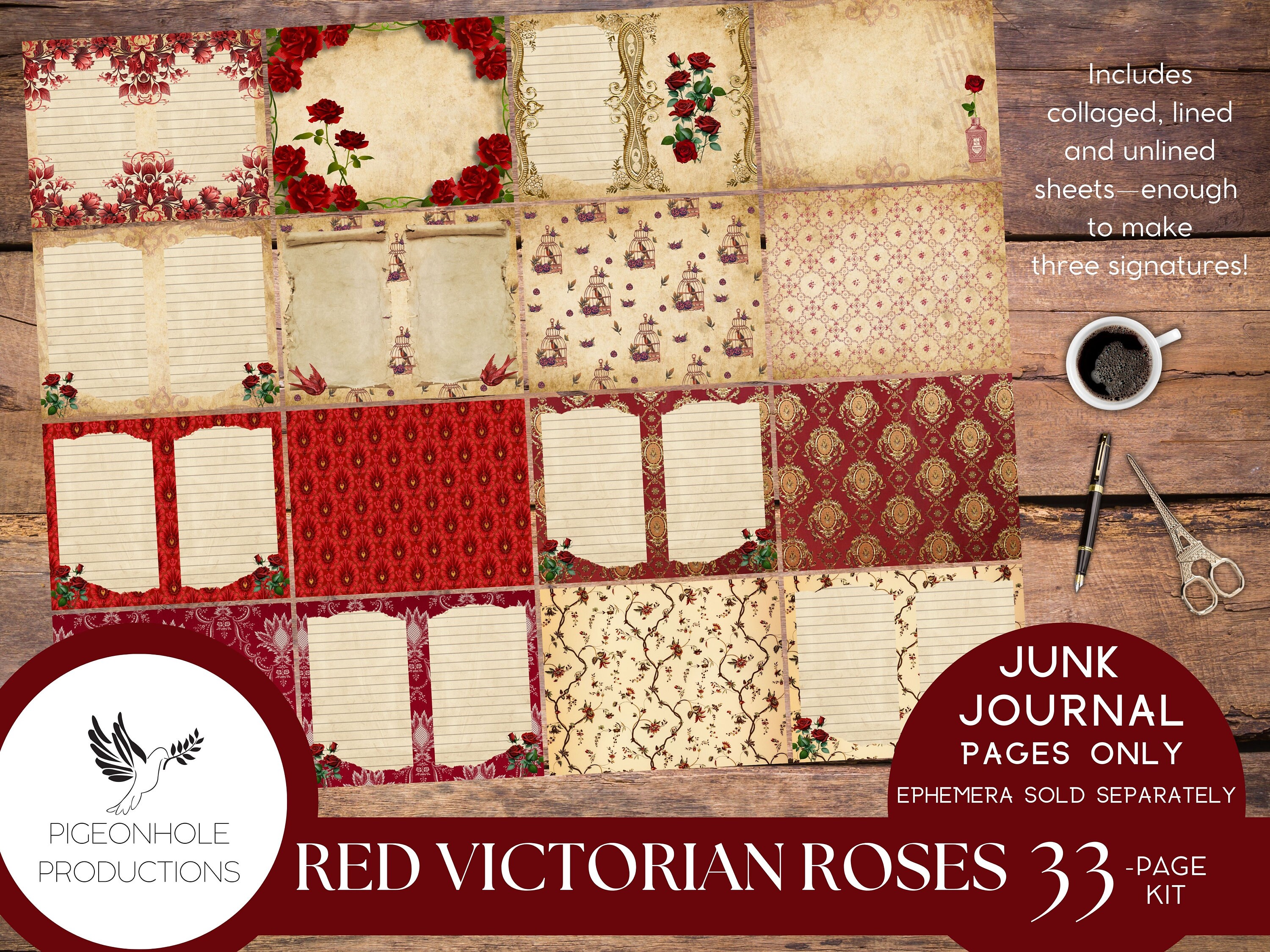 Red Victorian Roses Junk Journal Pages, PRINTABLE, 33 Sheets of ...