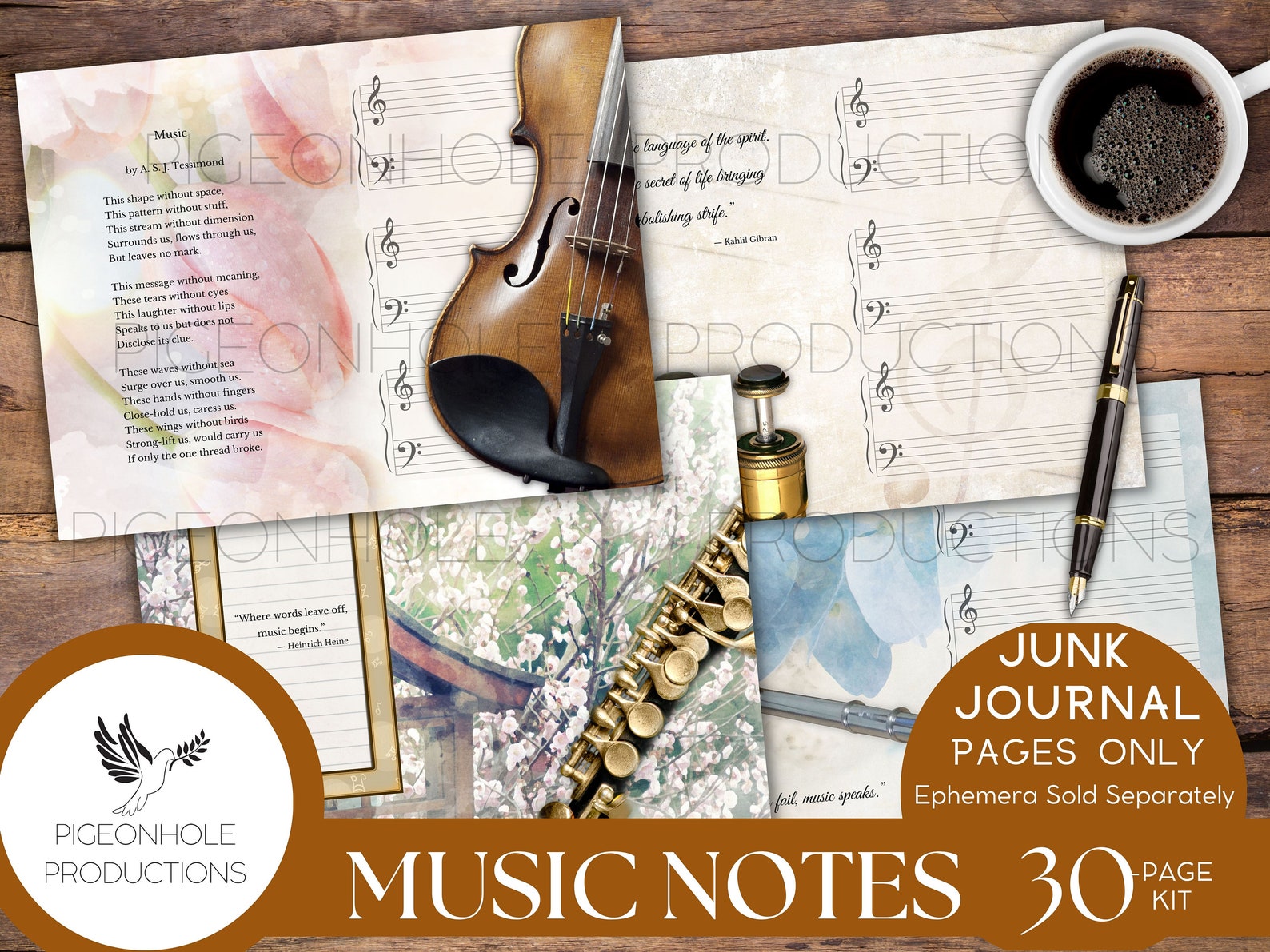 Music Notes Junk Journal Pages Kit, PRINTABLE, 30 Sheets Journal Pages ...
