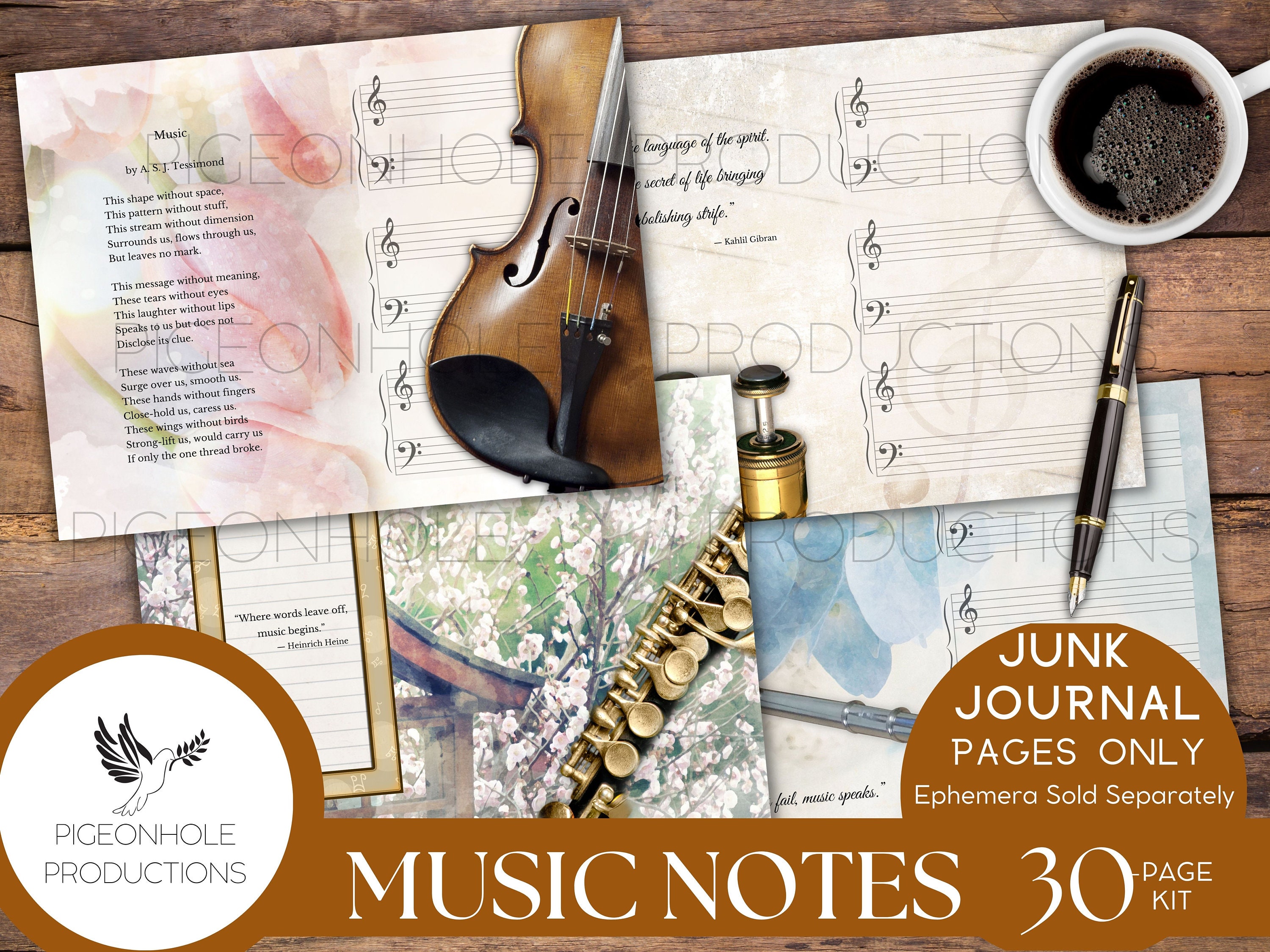 Music Notes Junk Journal Pages Kit, PRINTABLE, 30 Sheets Journal Pages ...