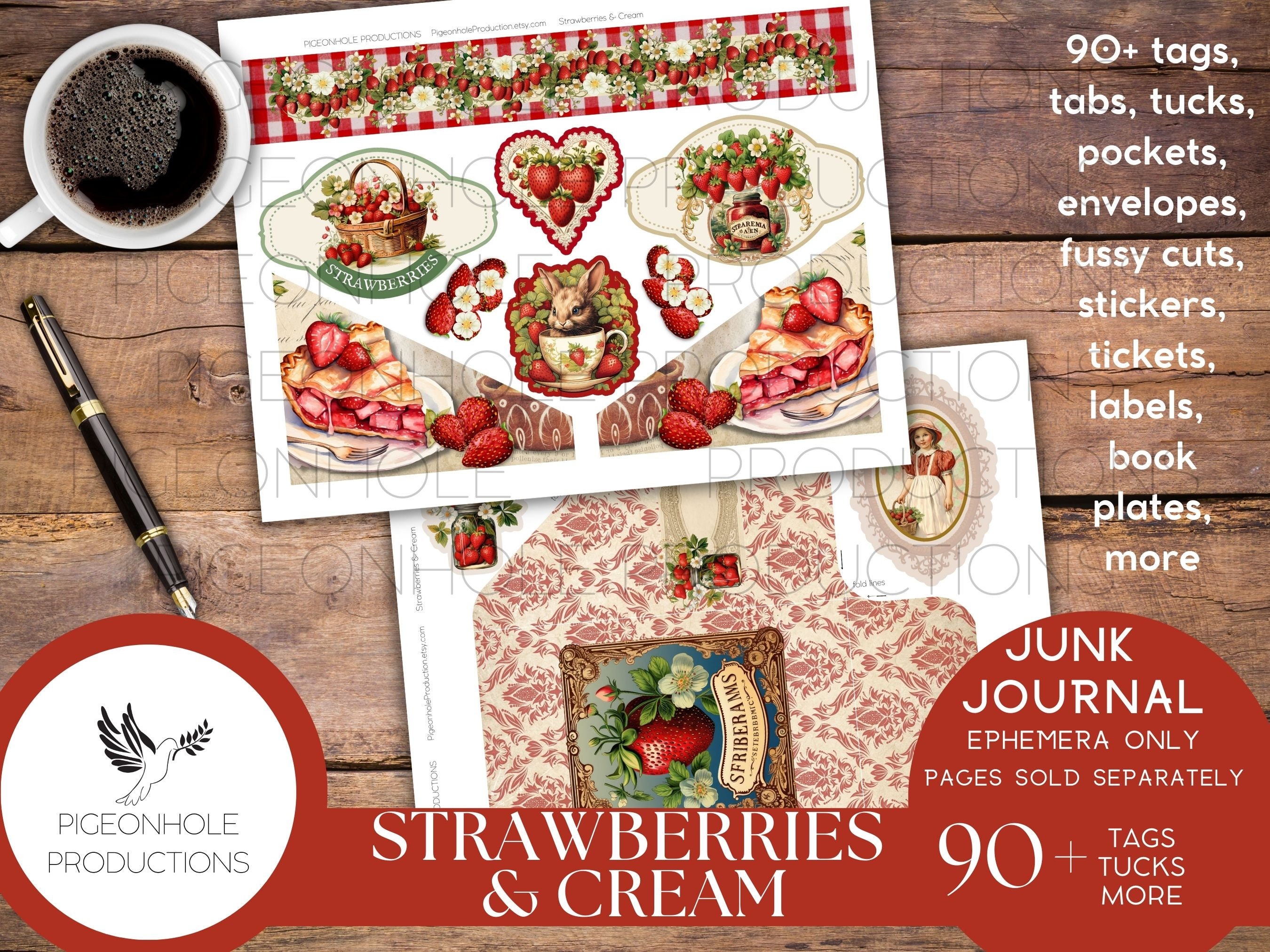 Strawberries & Cream Junk Journal EPHEMERA, PRINTABLE, 95 Tags, Tucks ...