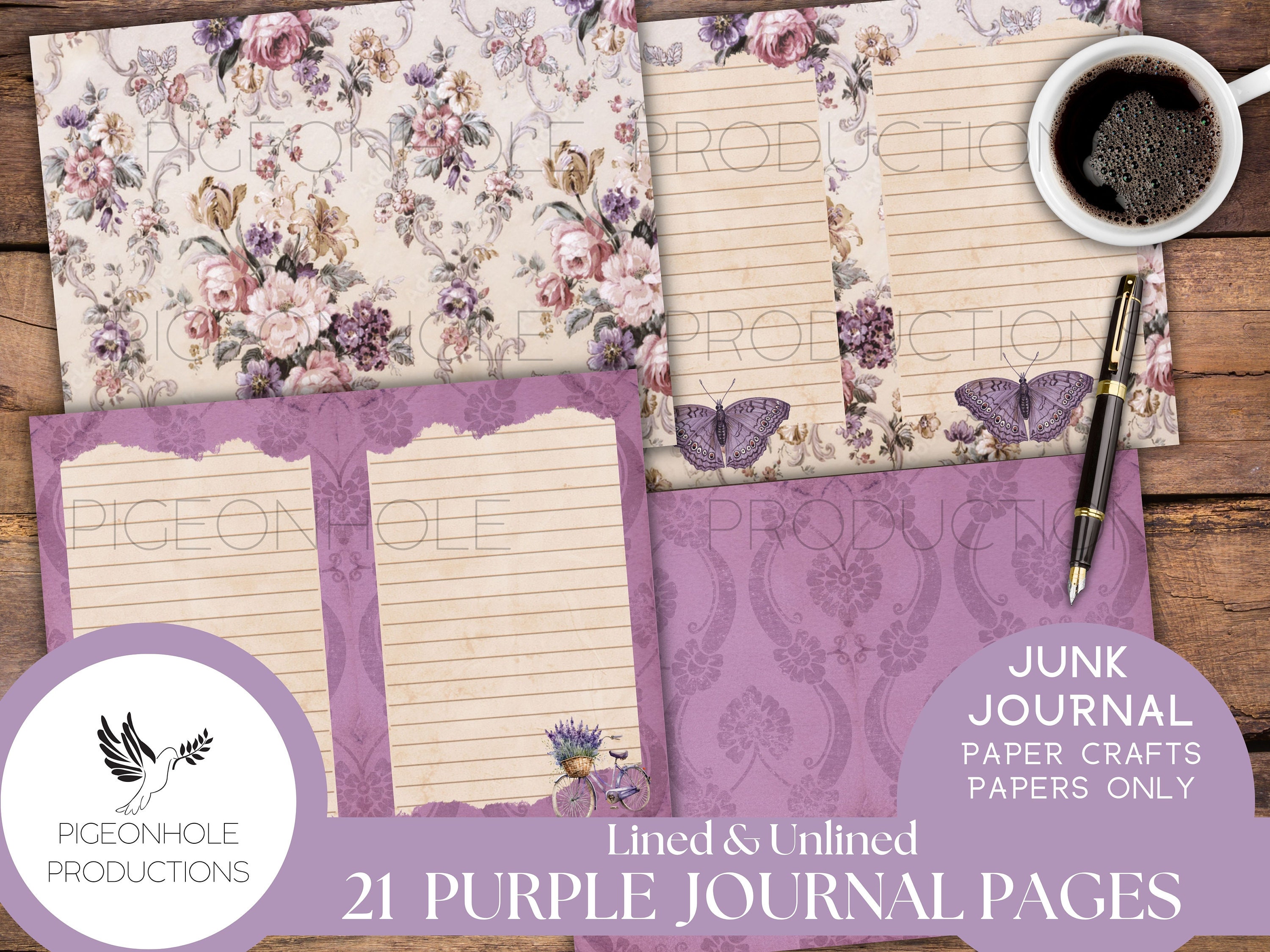 Purple Junk Journal Lined & Unlined Papers, PRINTABLE, 21 Sheets ...